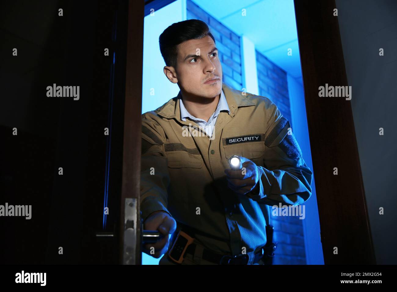 Professional security guard with flashlight checking dark room Stock ...