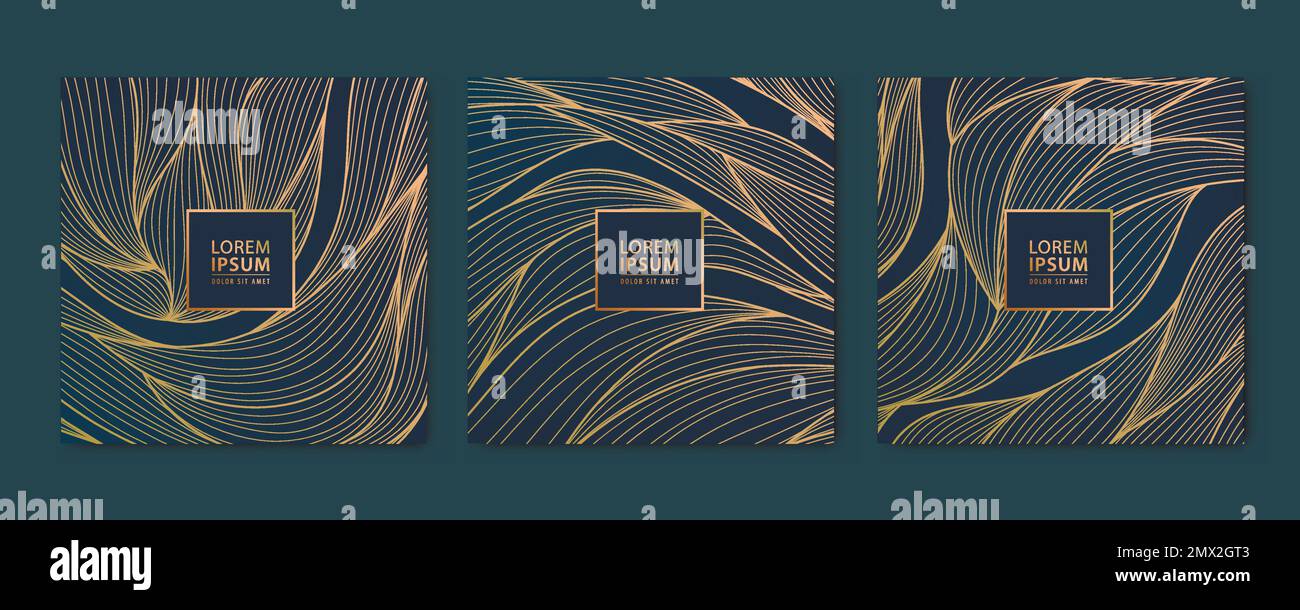 Vector set of wavy luxury line cards, golden dynamic square backgrounds ...