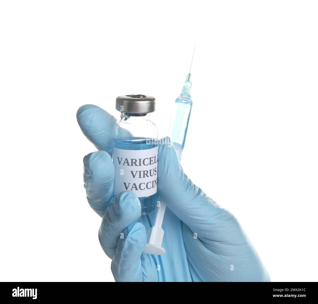 Doctor holding chickenpox vaccine and syringe on white background ...