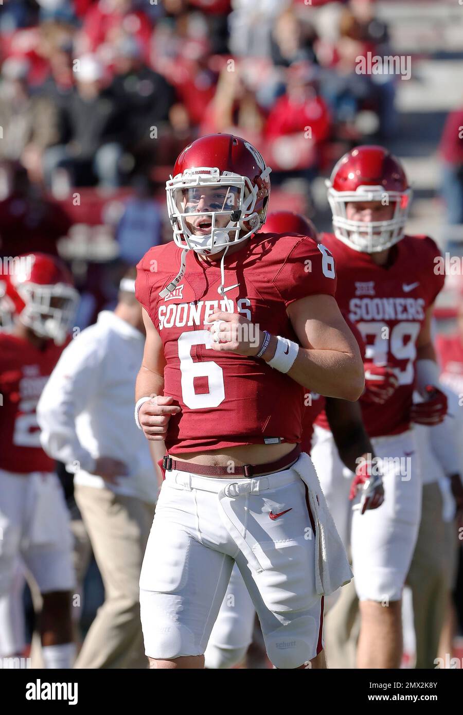 Oklahoma quarterback Baker Mayfield (6) before the start of a NCAA college football game against ...