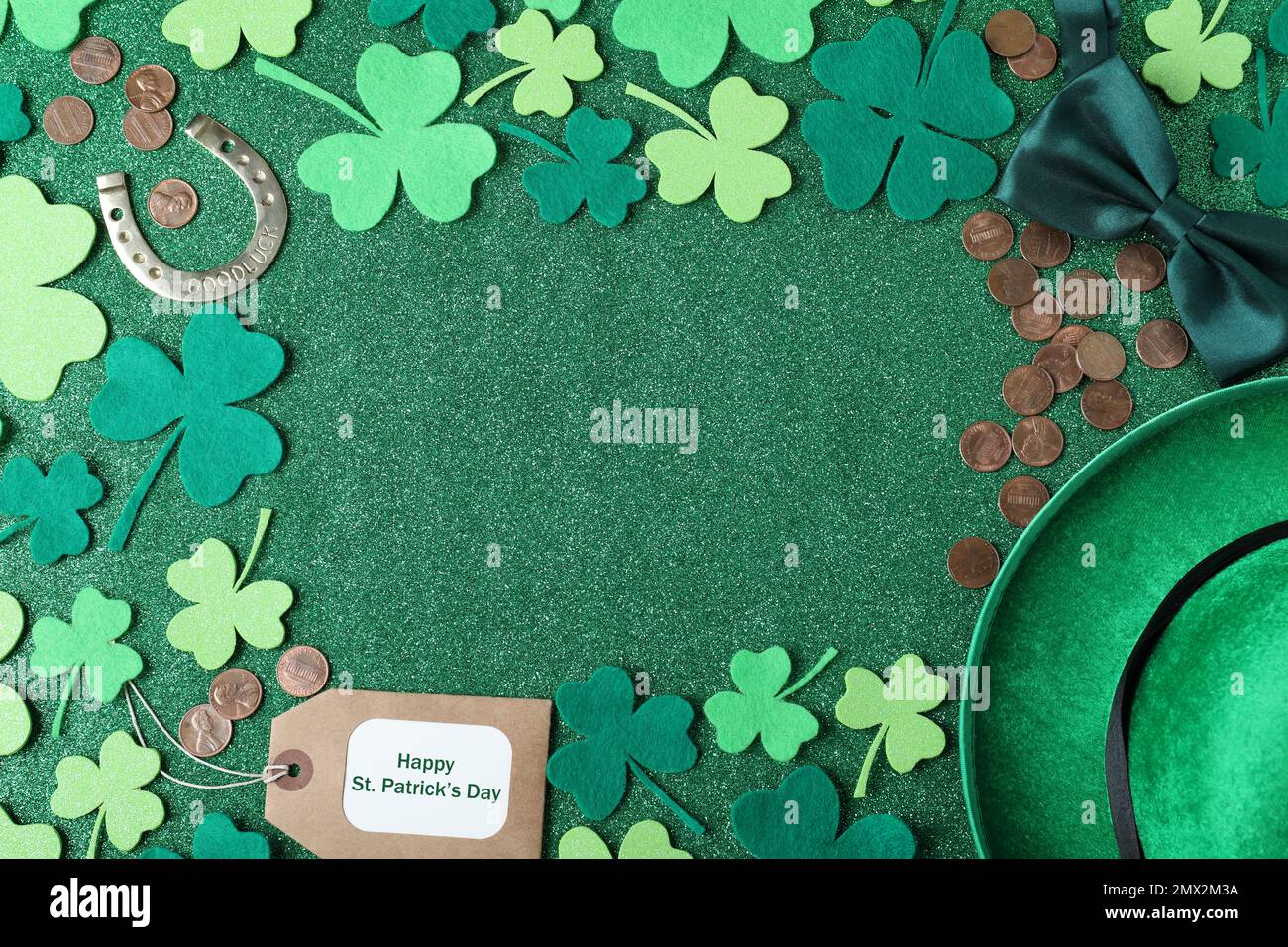 St. Patrick's Day layout on green background. Space for text Stock ...