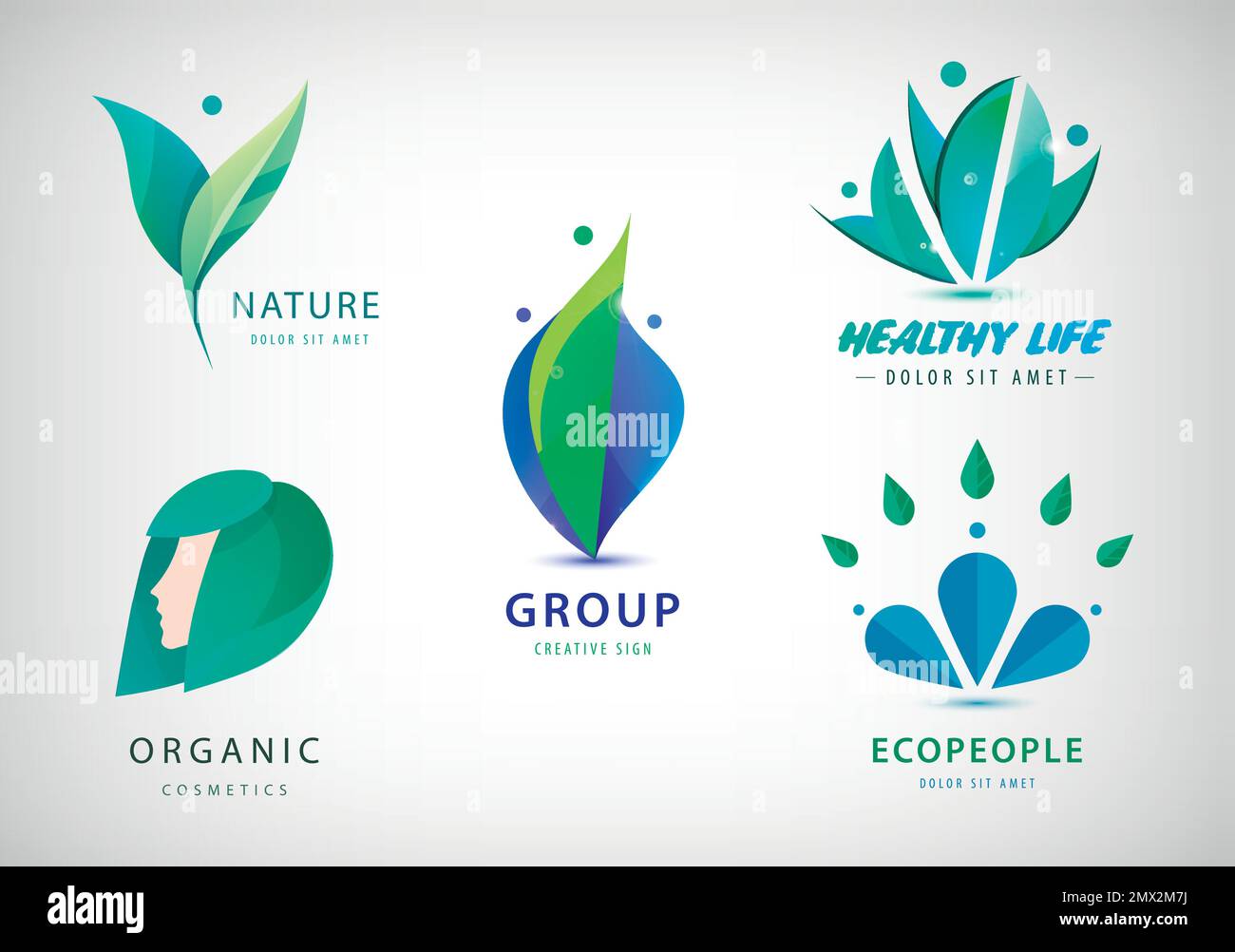 Vector set of green eco logos - men and leaves, organic products ...