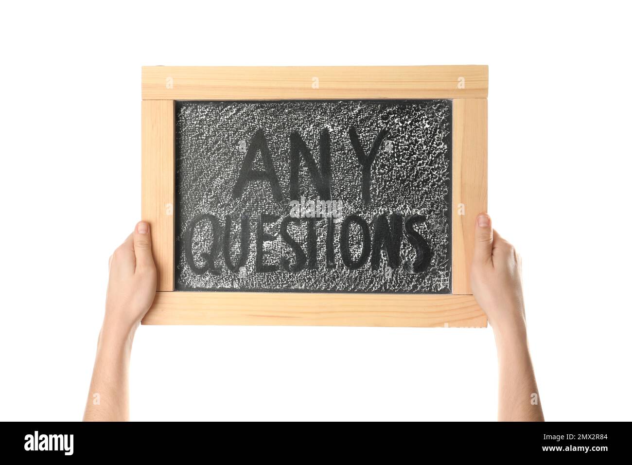 Woman holding blackboard with phrase ANY QUESTIONS on white background ...