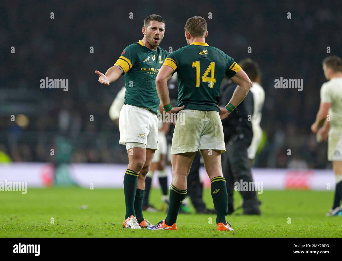 South Africa's Wille Le Roux and Ruan Combrinck, right, argue after the ...