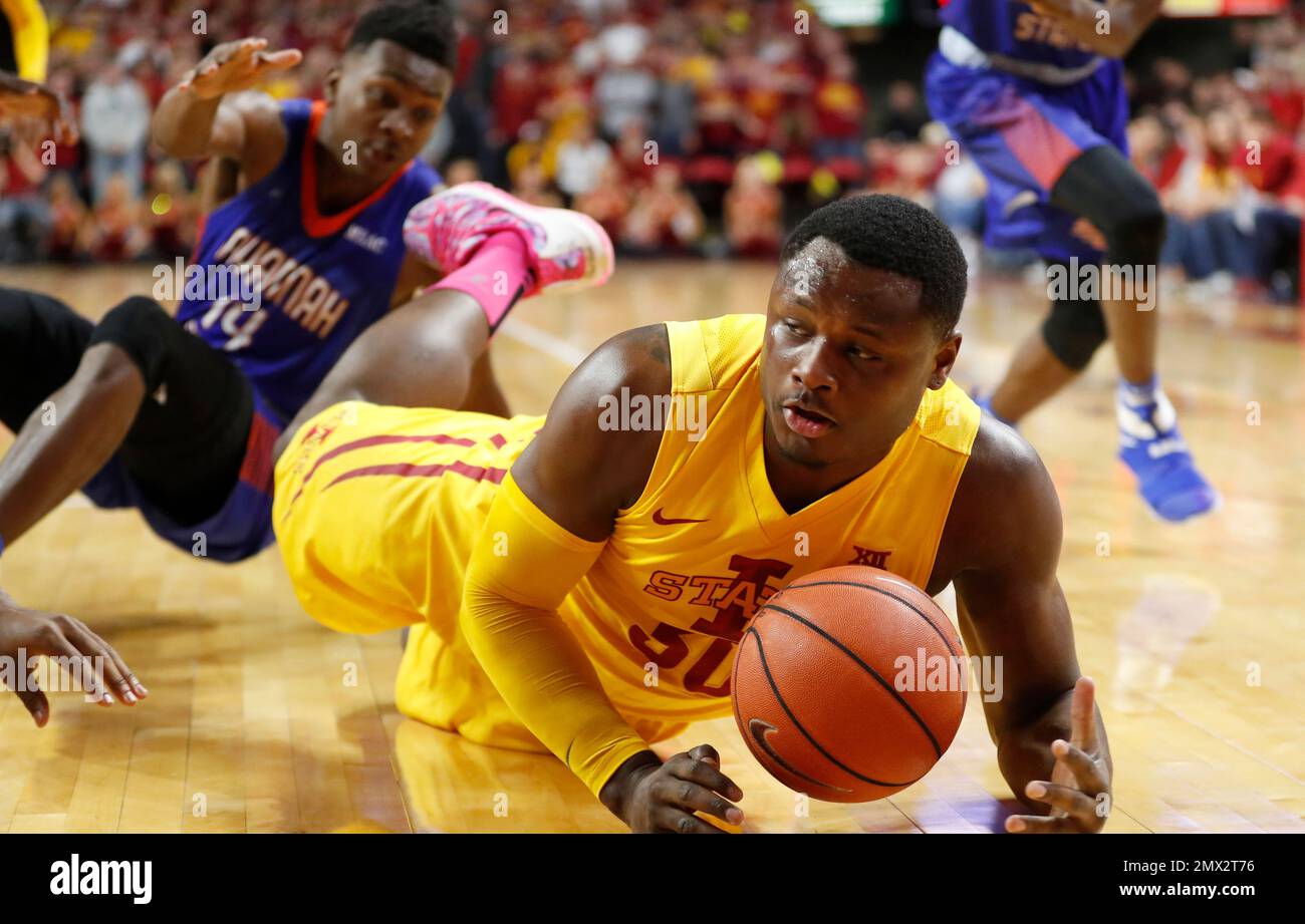 Iowa State guard Deonte Burton dives for a loose ball during the first ...