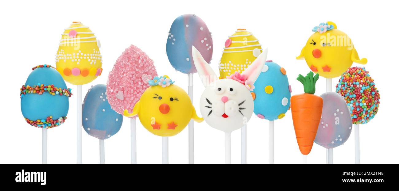 Different delicious cake pops on white background Stock Photo - Alamy