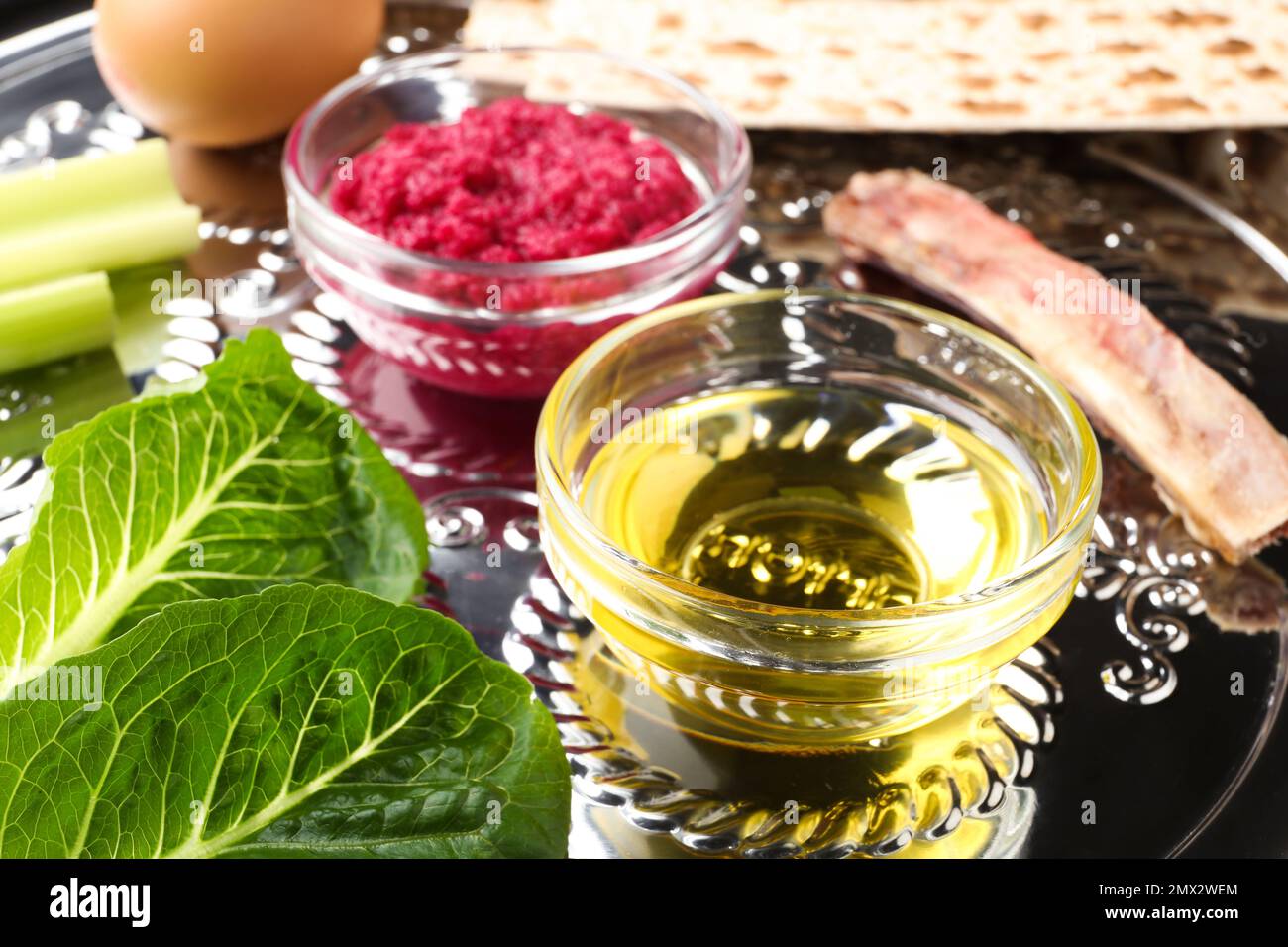 Closeup view of Passover Seder plate (keara) with traditional meal ...