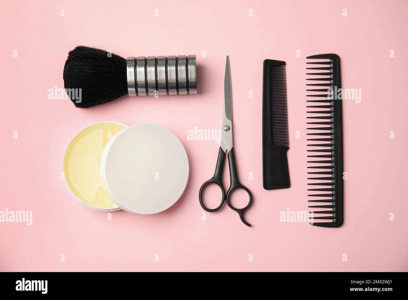 Professional hairstyling tools on pink background, flat lay Stock Photo ...