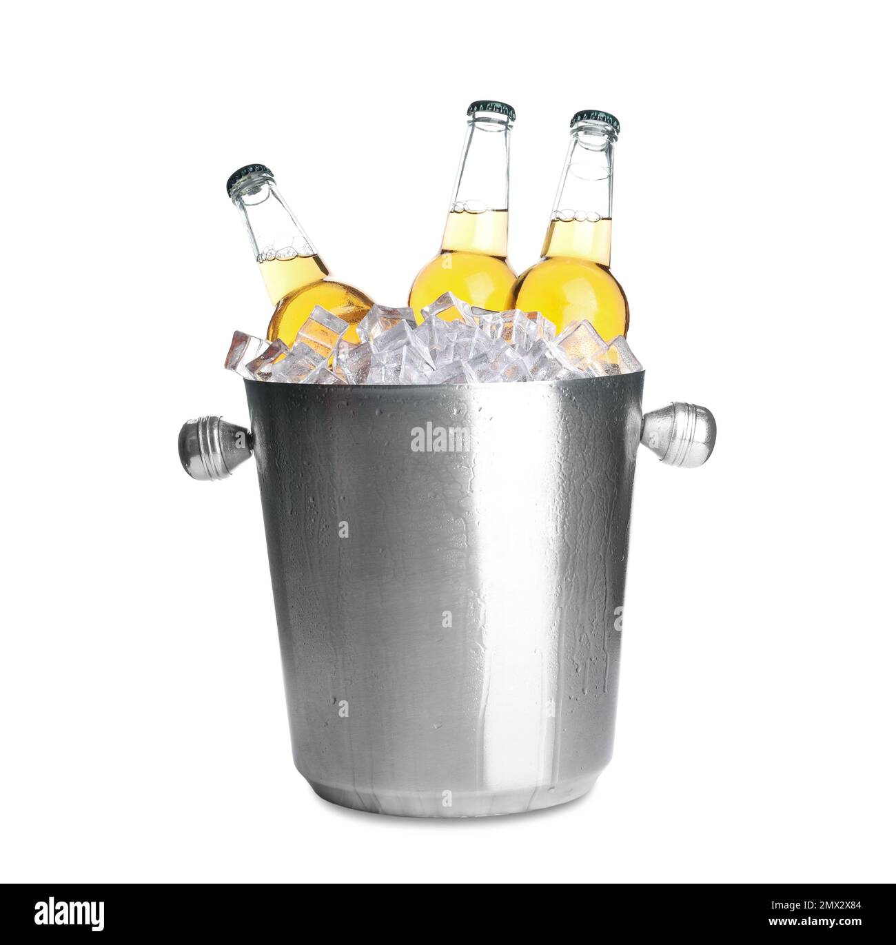 Metal bucket with bottles of beer and ice cubes isolated on white Stock ...