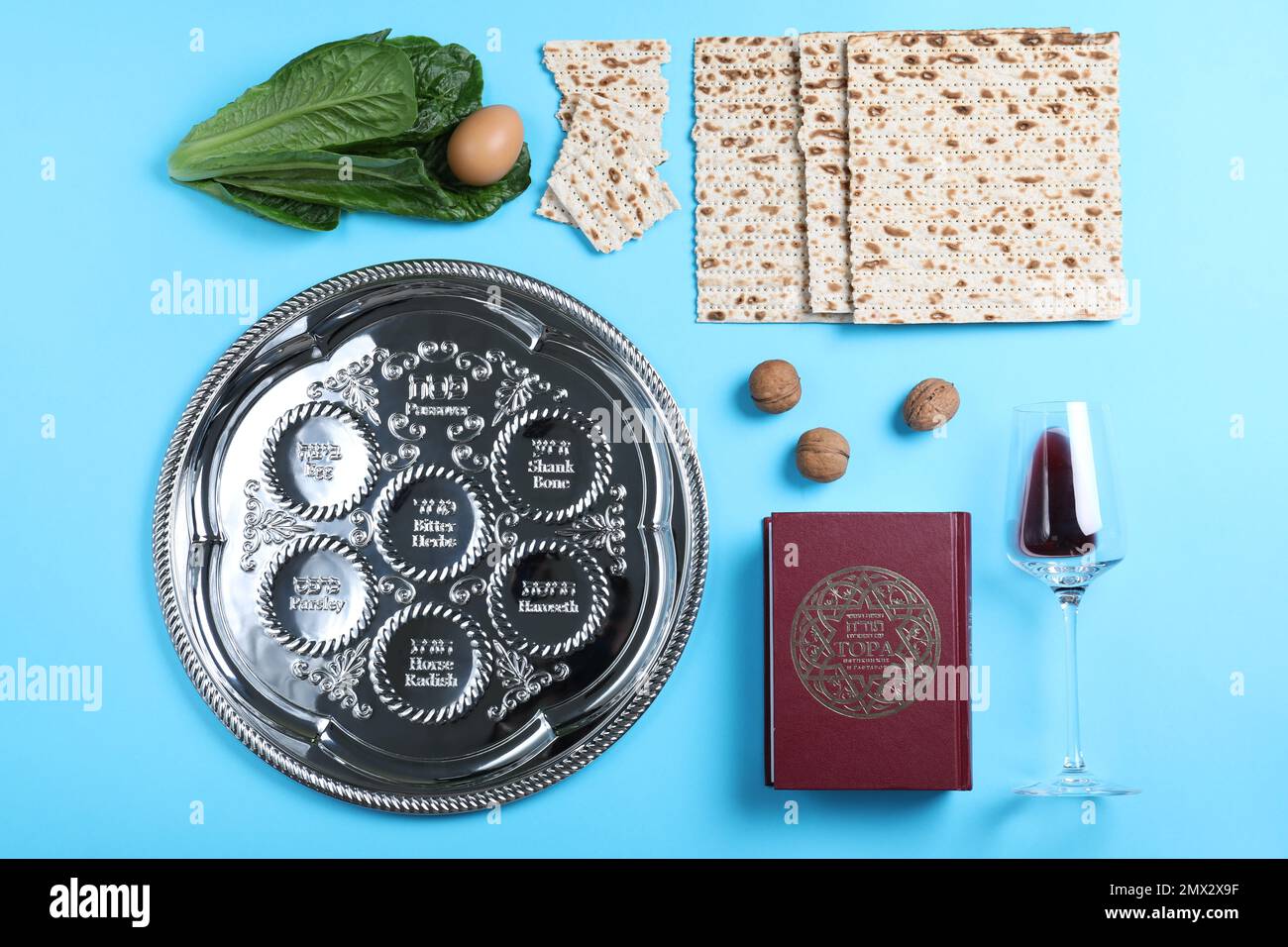 Flat lay composition with symbolic Pesach (Passover Seder) items on ...