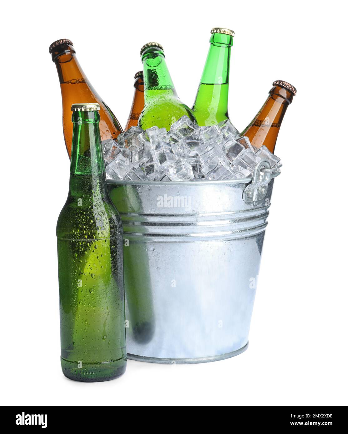 Metal bucket with bottles of beer and ice cubes isolated on white Stock ...