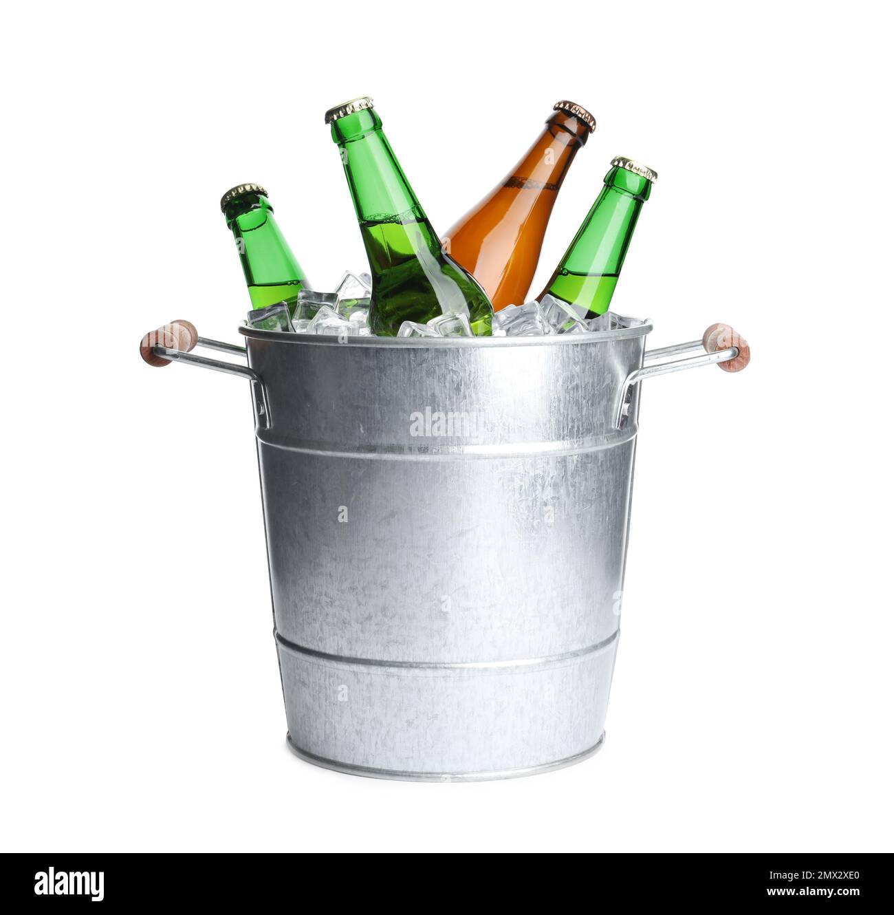Metal bucket with bottles of beer and ice cubes isolated on white Stock ...