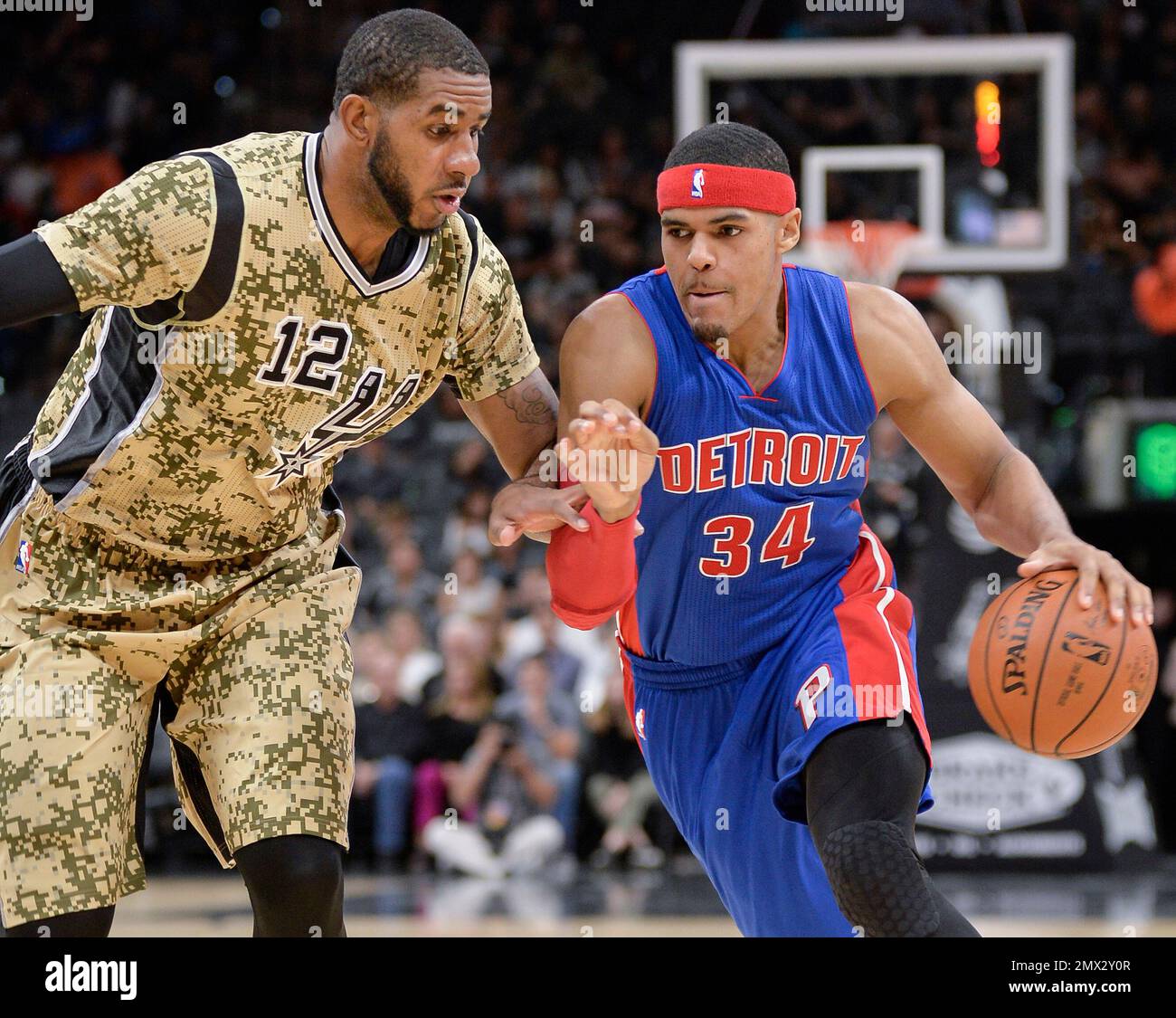 Detroit Pistons forward Tobias Harris (34) drives around San Antonio ...