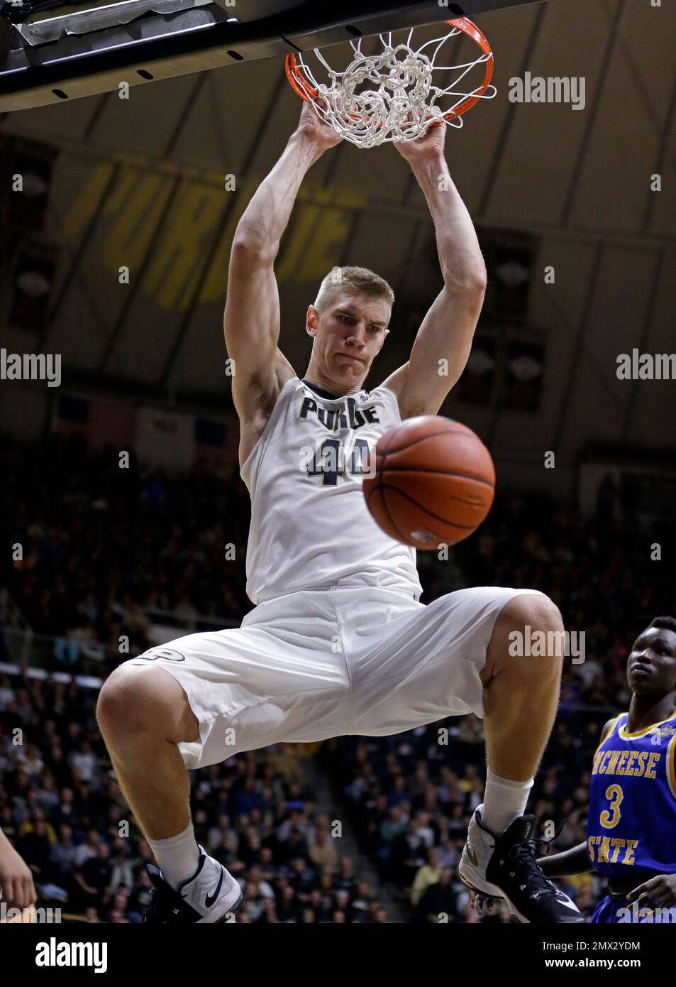Purdue center Isaac Haas (44) gets a basket on a dunk against the ...