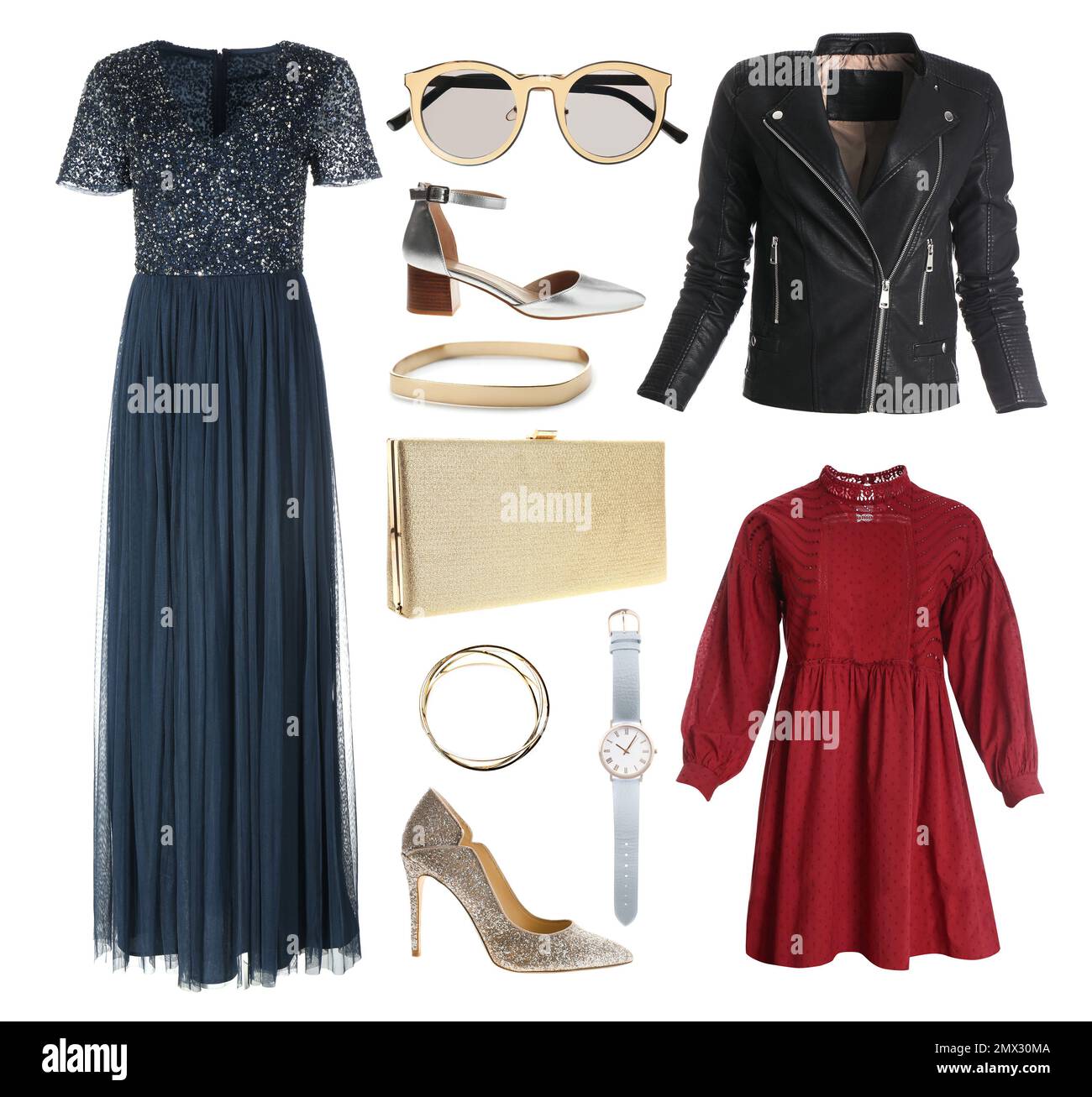 Collection of stylish outfit on white background Stock Photo - Alamy