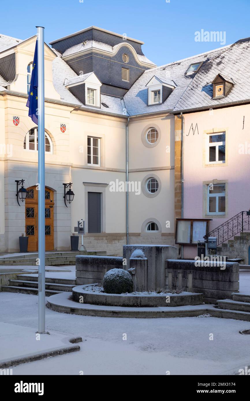 Europe, Luxembourg, Koerich, The Mairie (Town Hall) in Winter Snow ...