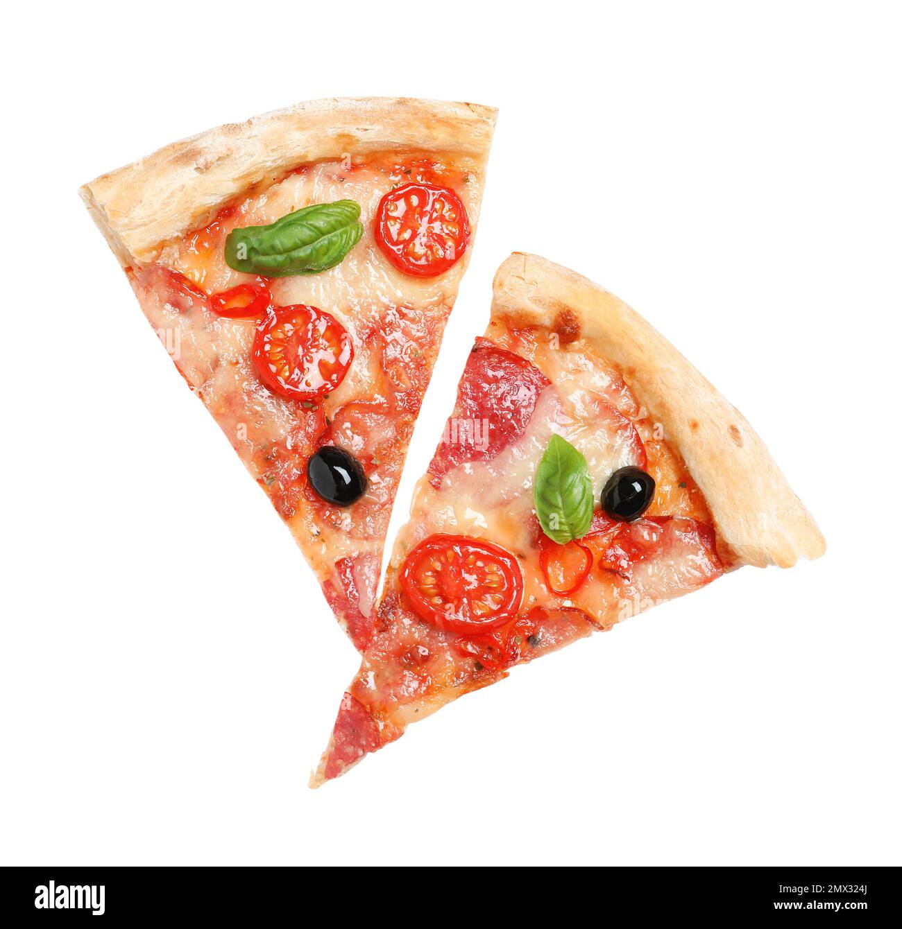 Slices of delicious pizza Diablo isolated on white, top view Stock ...