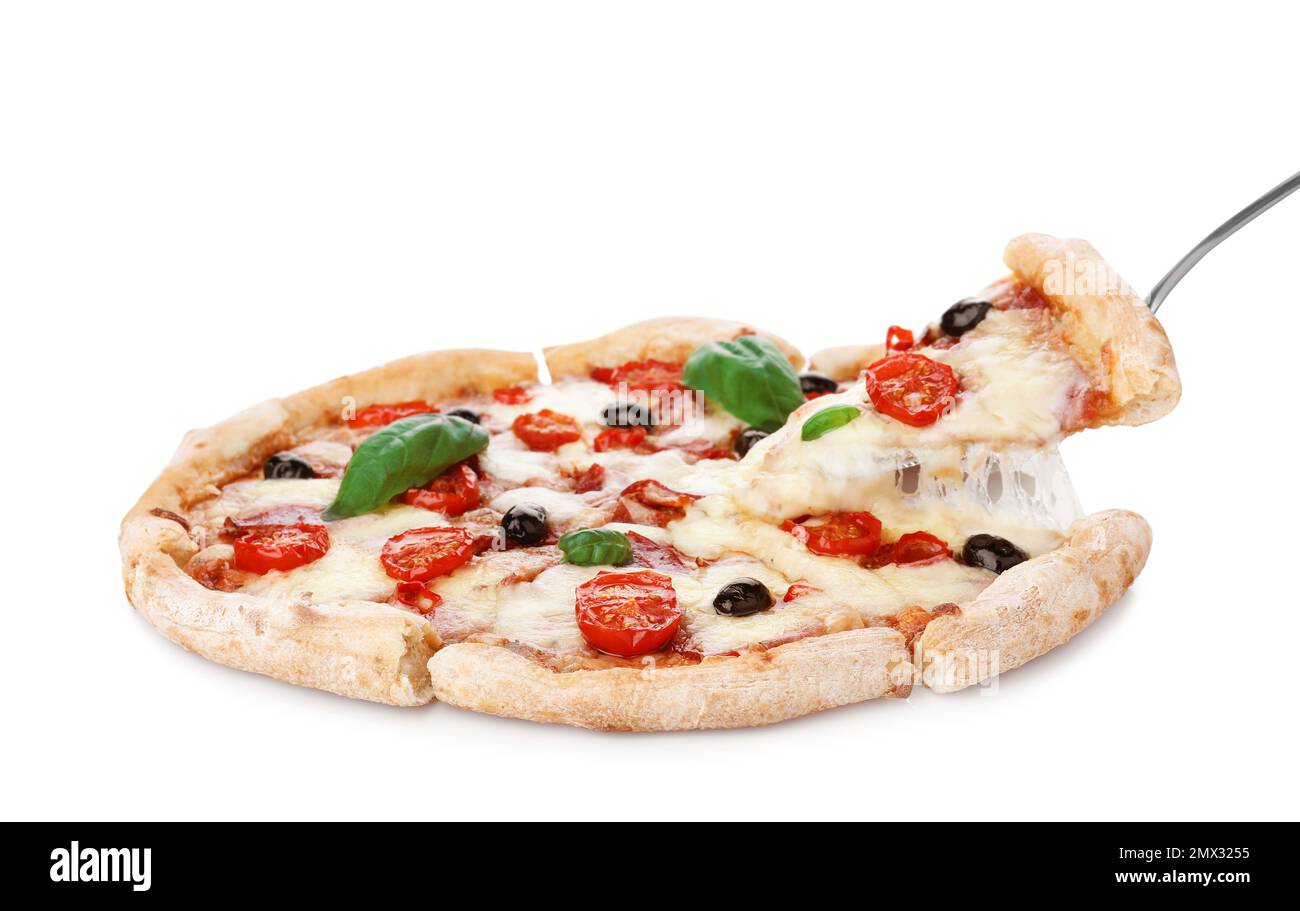 Taking slice of delicious pizza Diablo on white background Stock Photo ...