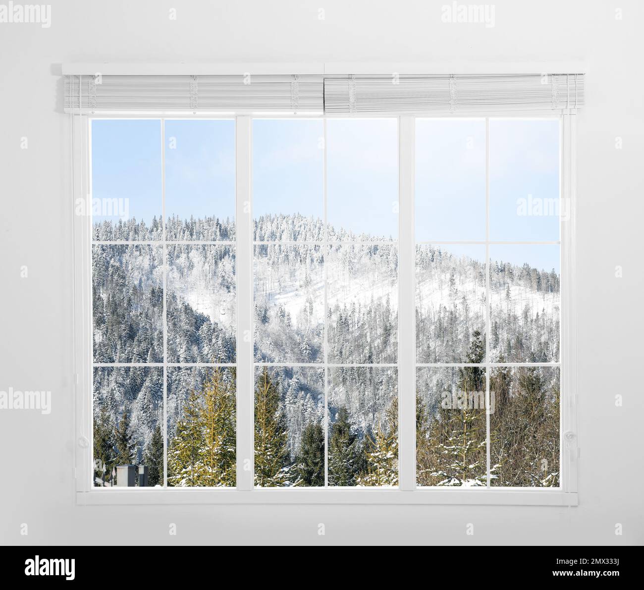 Beautiful view of snowy forest through big window Stock Photo - Alamy