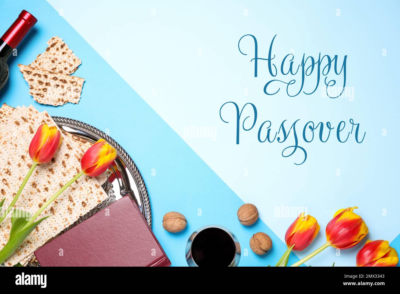 Flat lay composition with symbolic Pesach (Passover Seder) items on ...