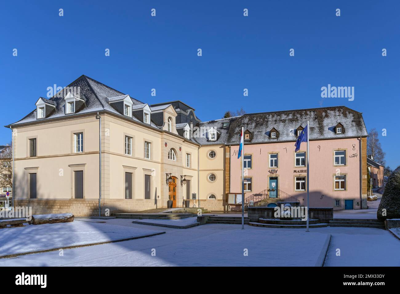 Europe, Luxembourg, Koerich, The Mairie (Town Hall) in Winter Snow ...