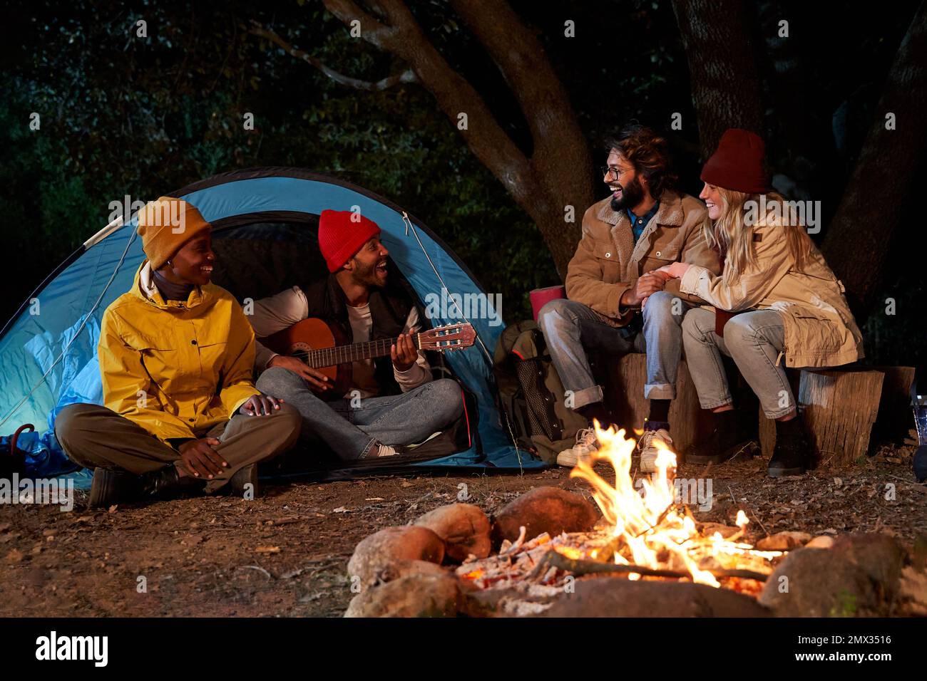 Multicultural group of happy friends camping having fun and enjoying ...
