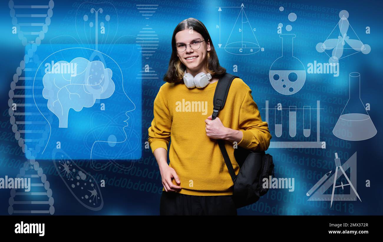 Portrait of university student guy on glowing background with ...