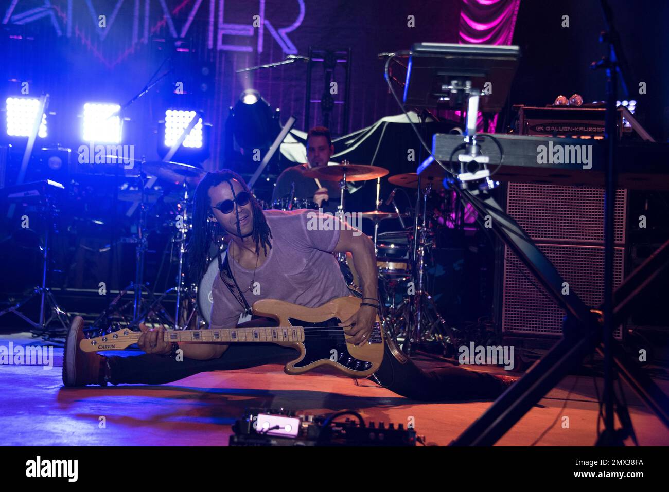 Bass guitarist Zach Rudulph of Andy Grammar performs at Mizner Park ...