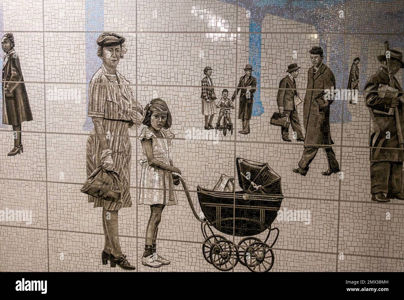 Mosaic tiles of people in the 63rd street station on the F subway line ...