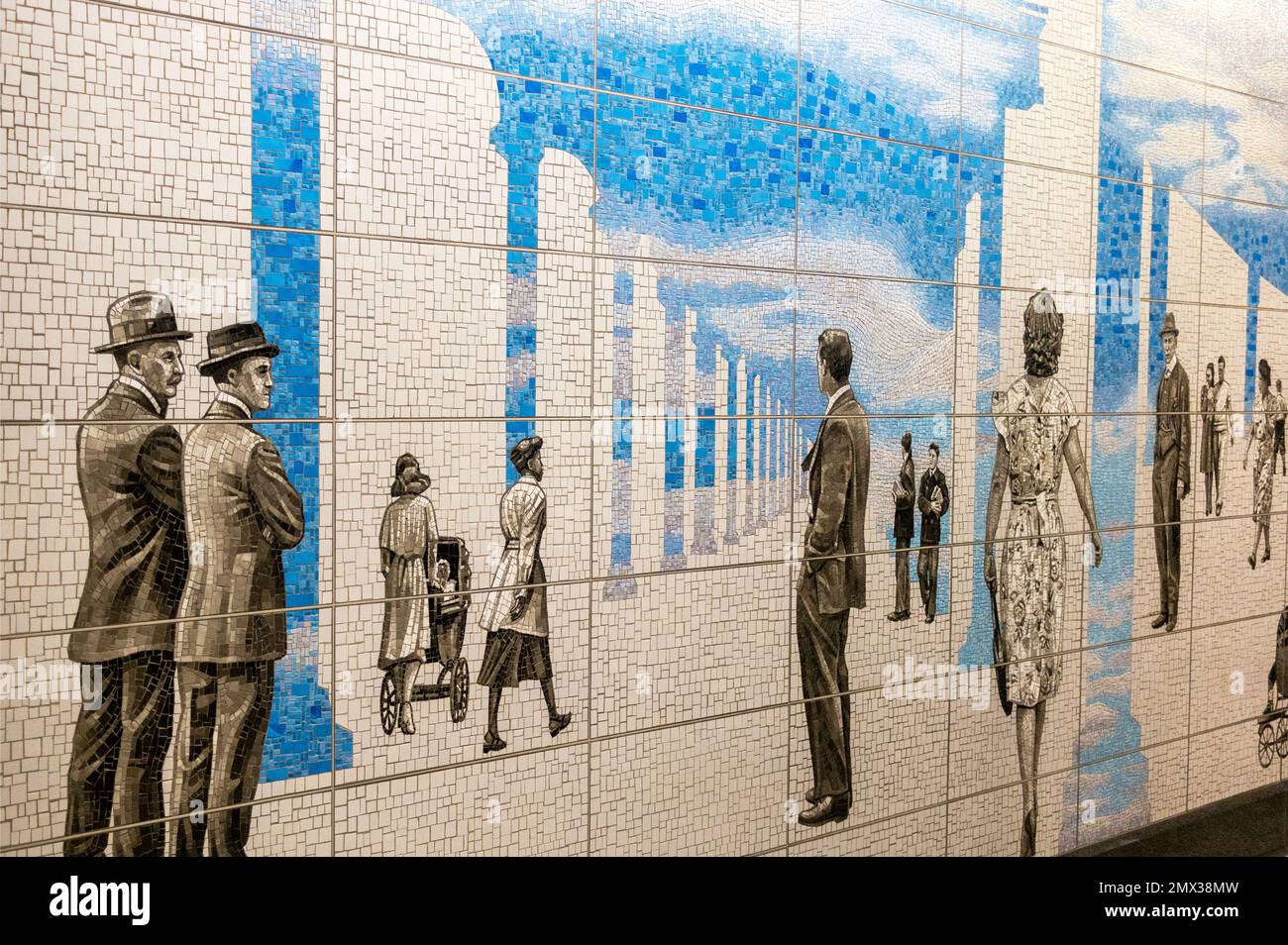 Mosaic tiles of people in the 63rd street station on the F subway line ...