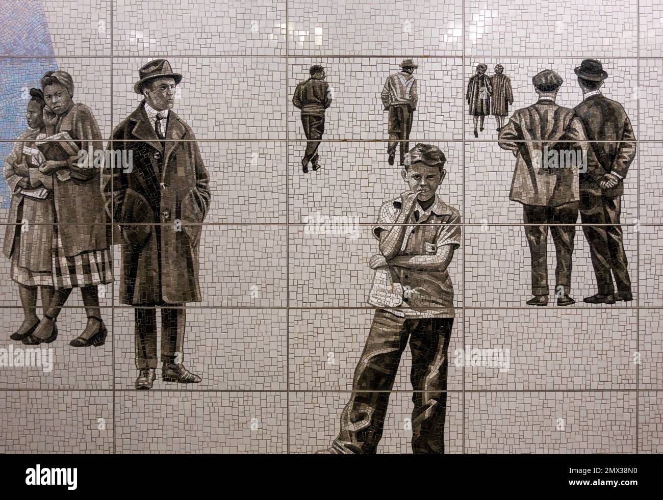 Mosaic tiles of people in the 63rd street station on the F subway line ...