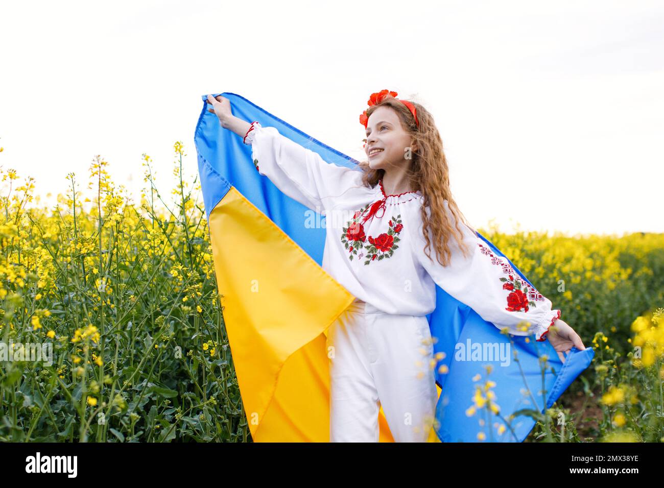 Pray for Ukraine. Child with Ukrainian flag in rapeseed field. Girl ...