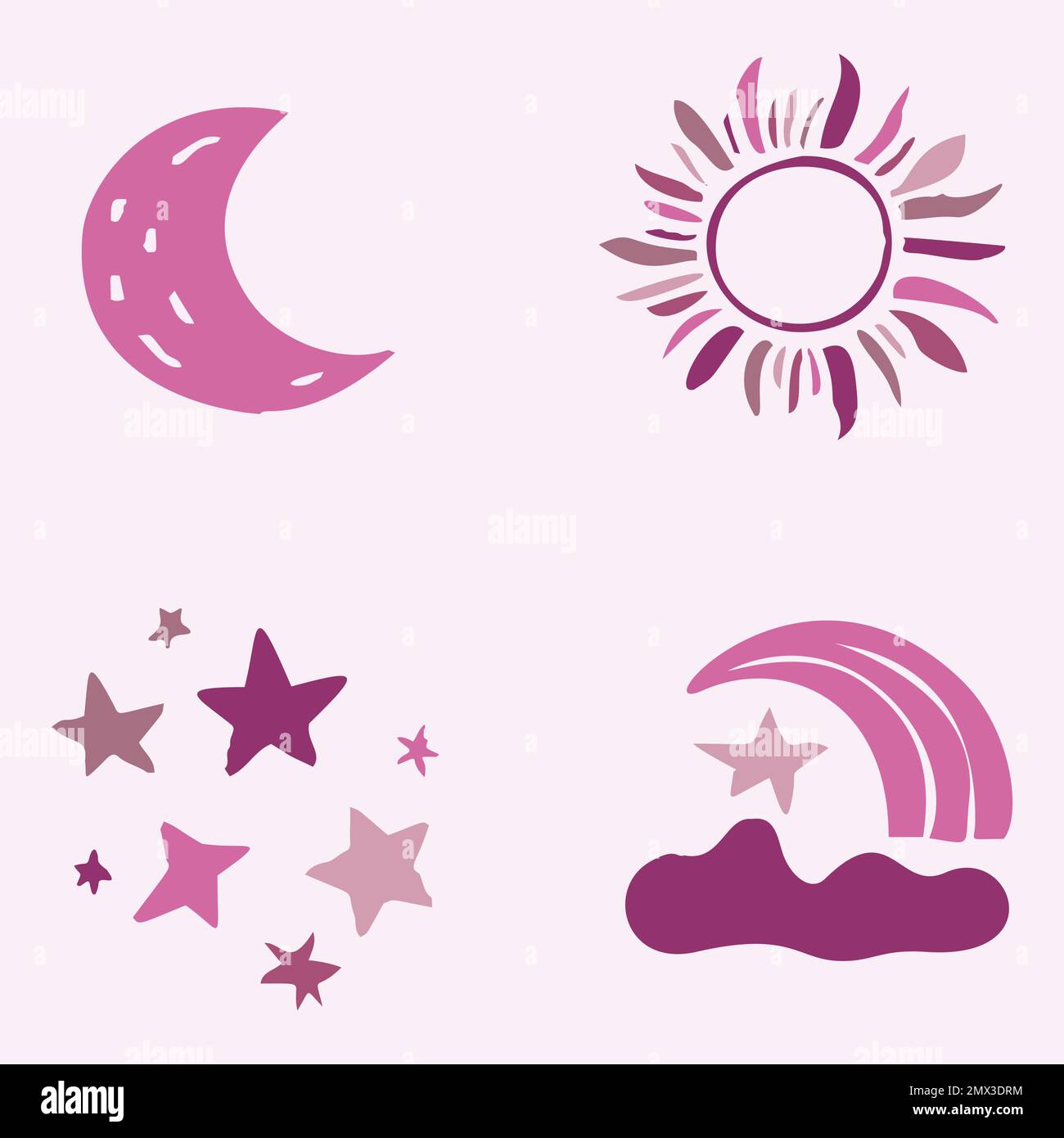 Cute whimsical sun and moon set of vector motifs. Illustration of night ...