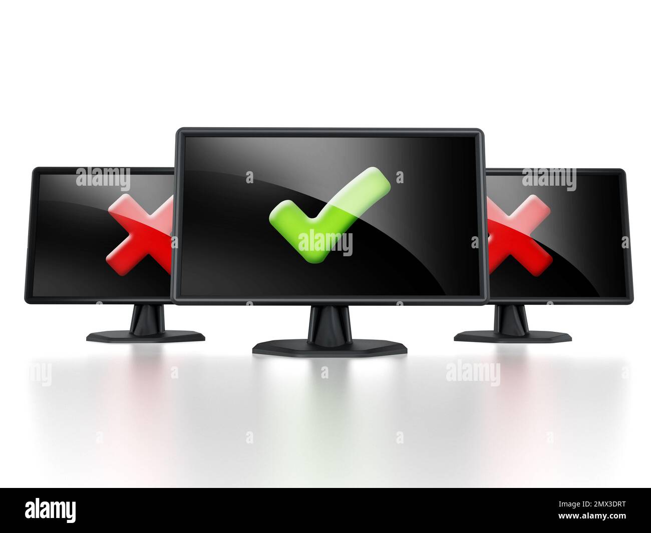 LED monitor with green tick standing out against others with cross. 3D ...