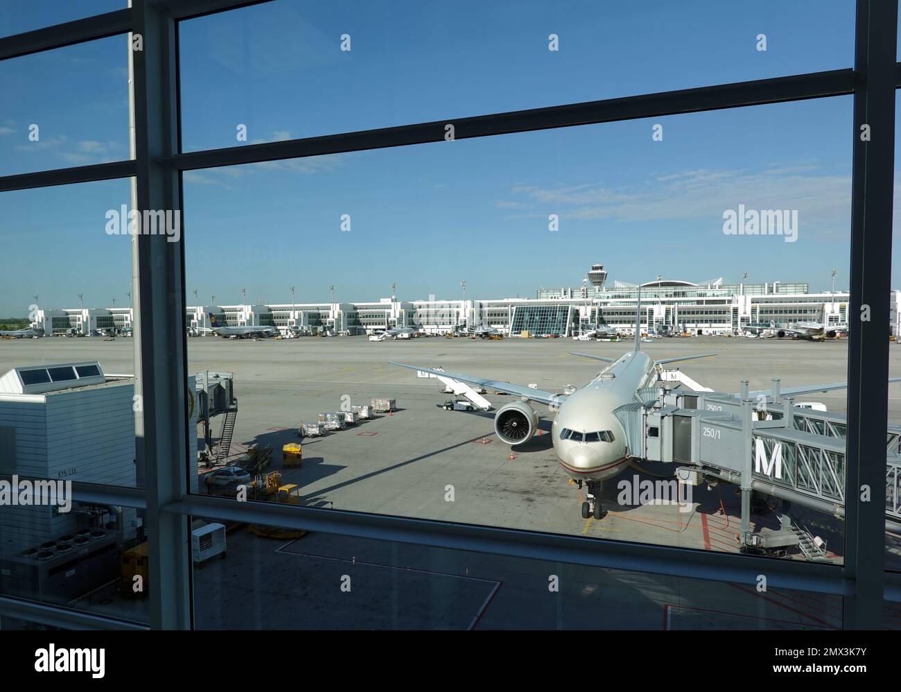 Passenger airplane landed in Munich international airport view through ...