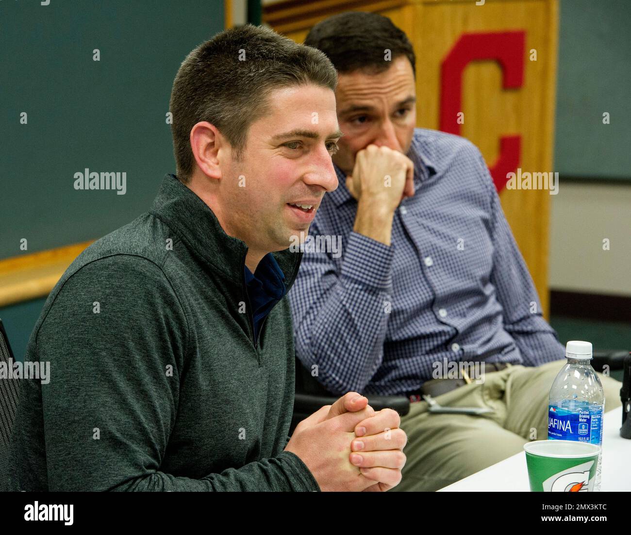 Cleveland Indians General Manager Mike Chernoff answers a question as ...