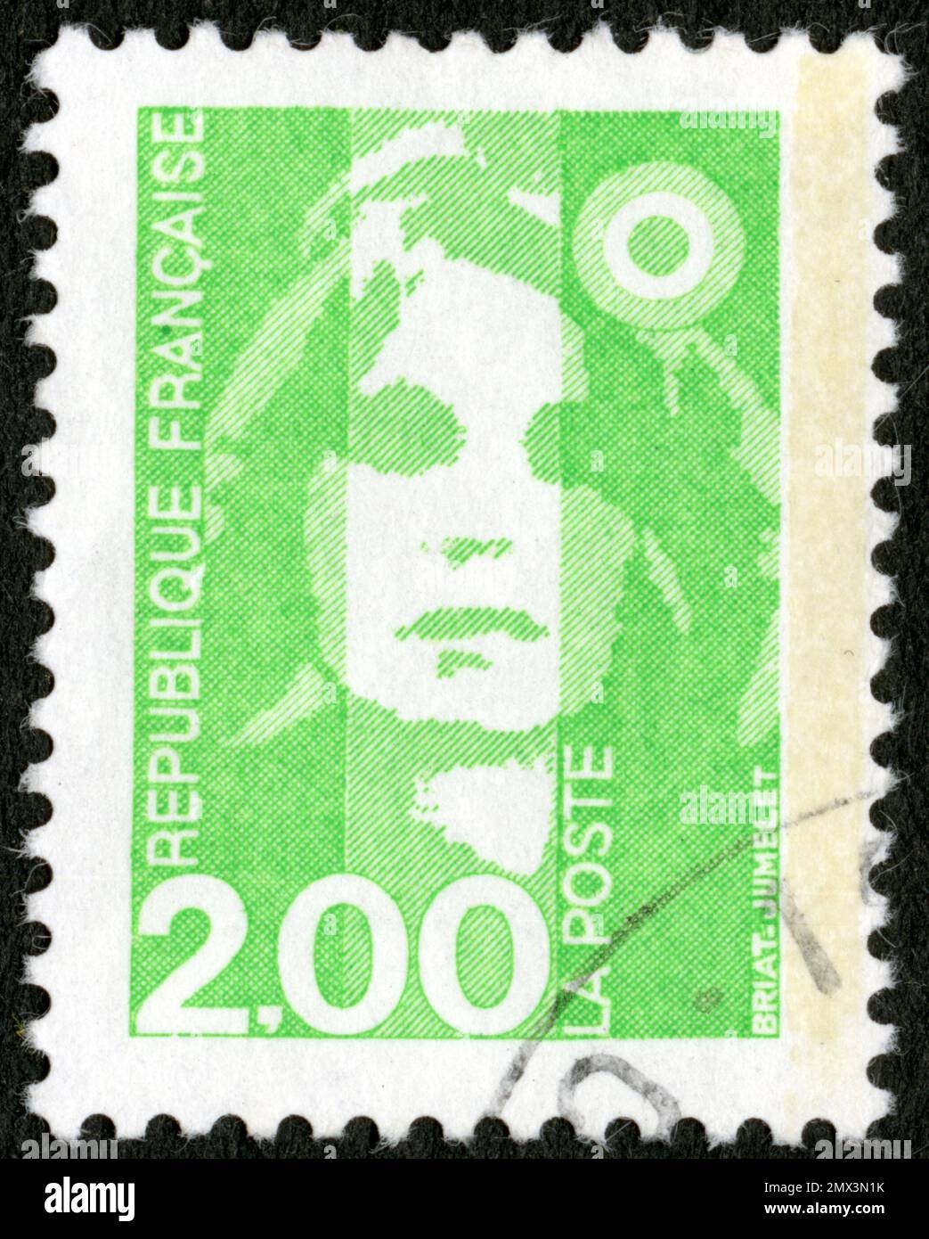 TIMBRE OBLITÉRÉ MARIANNE VERTE. RÉPUBLIQUE FRANÇAISE. LA POSTE. 2,00 ...
