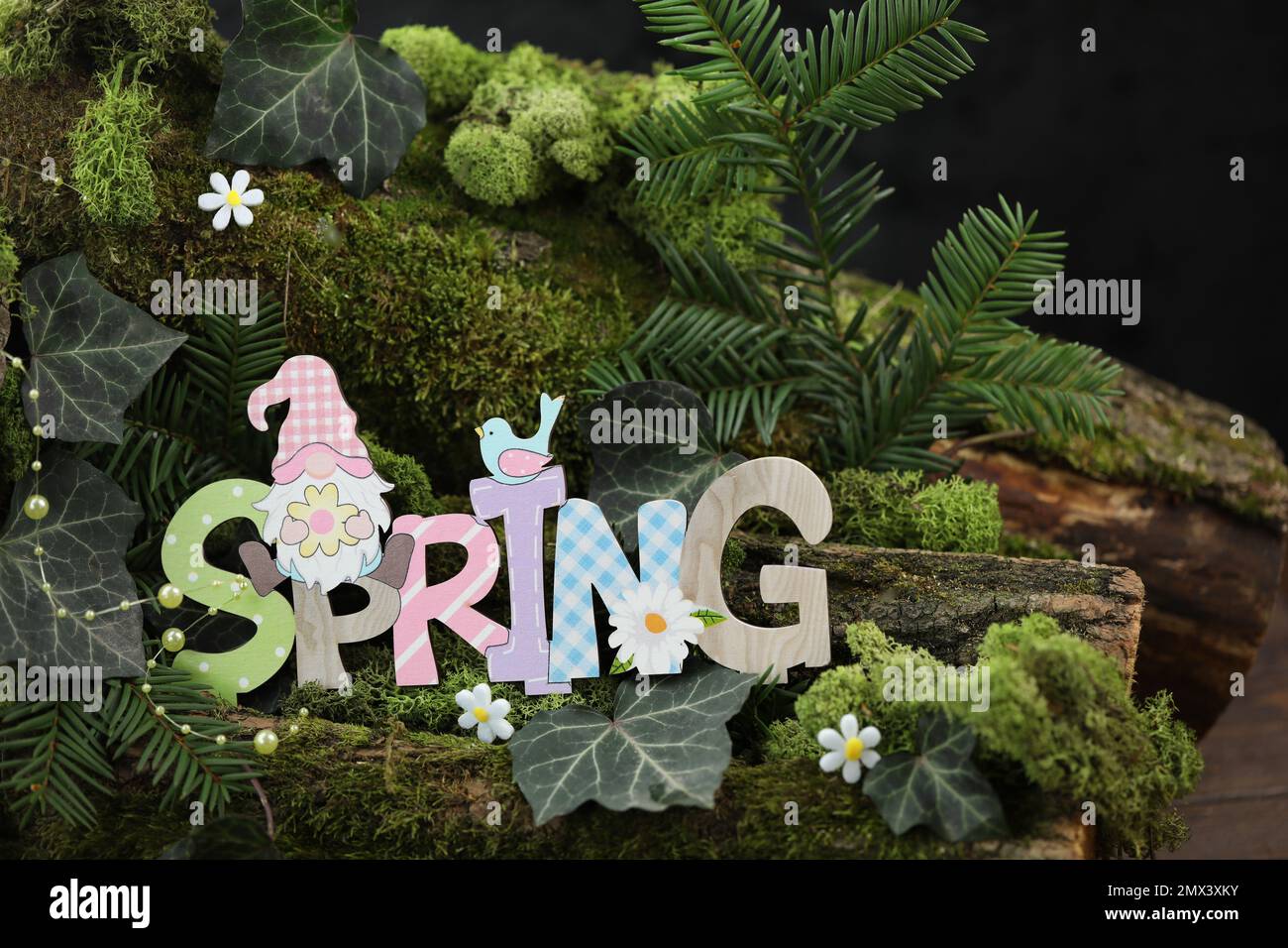 Green background with plants and Spring text Stock Photo - Alamy