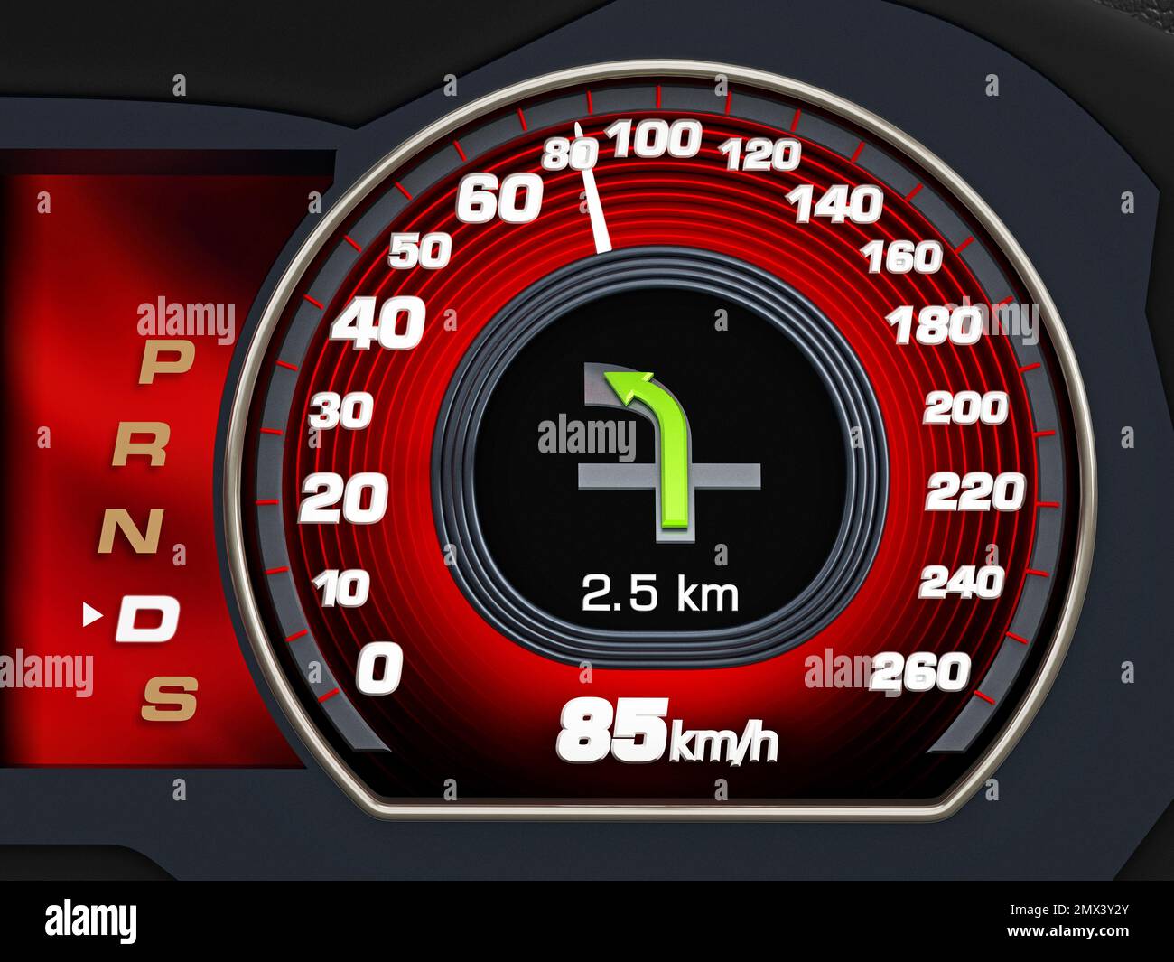 Modern speedometer of a car with navigation screen. 3D illustration ...