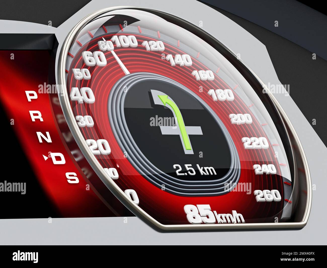 Modern speedometer of a car with navigation screen. 3D illustration ...