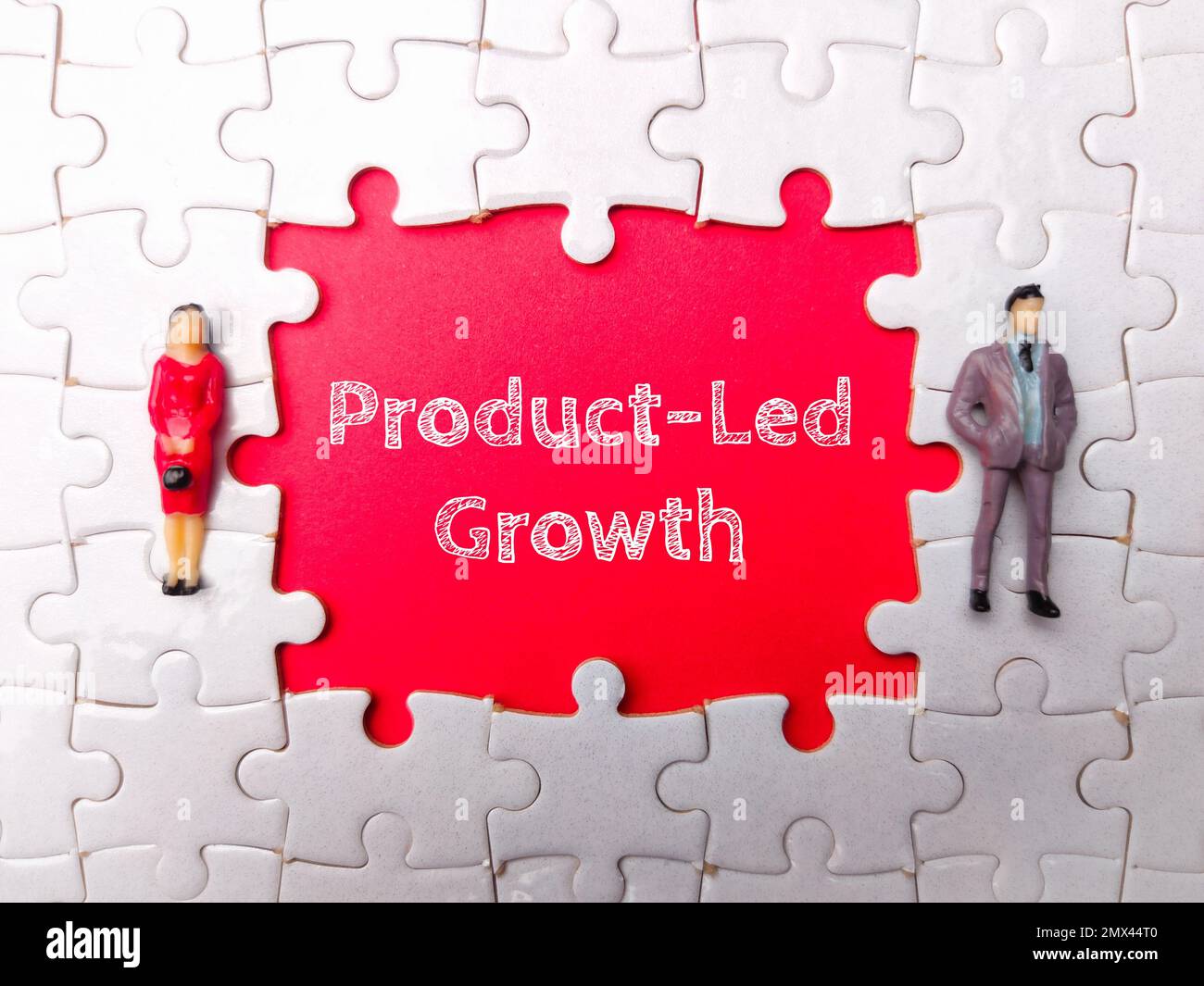White puzzle and miniature people with the word Product Led Growth on ...