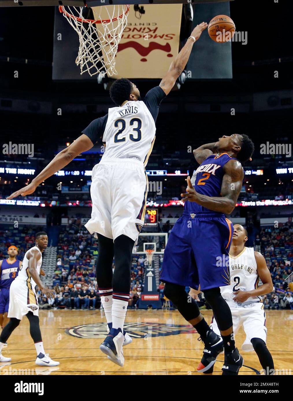 New Orleans Pelicans forward Anthony Davis (23) blocks a shot by Phoenix Suns guard Eric Bledsoe ...