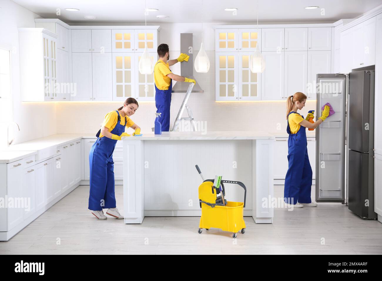 Team of professional janitors cleaning modern kitchen Stock Photo - Alamy