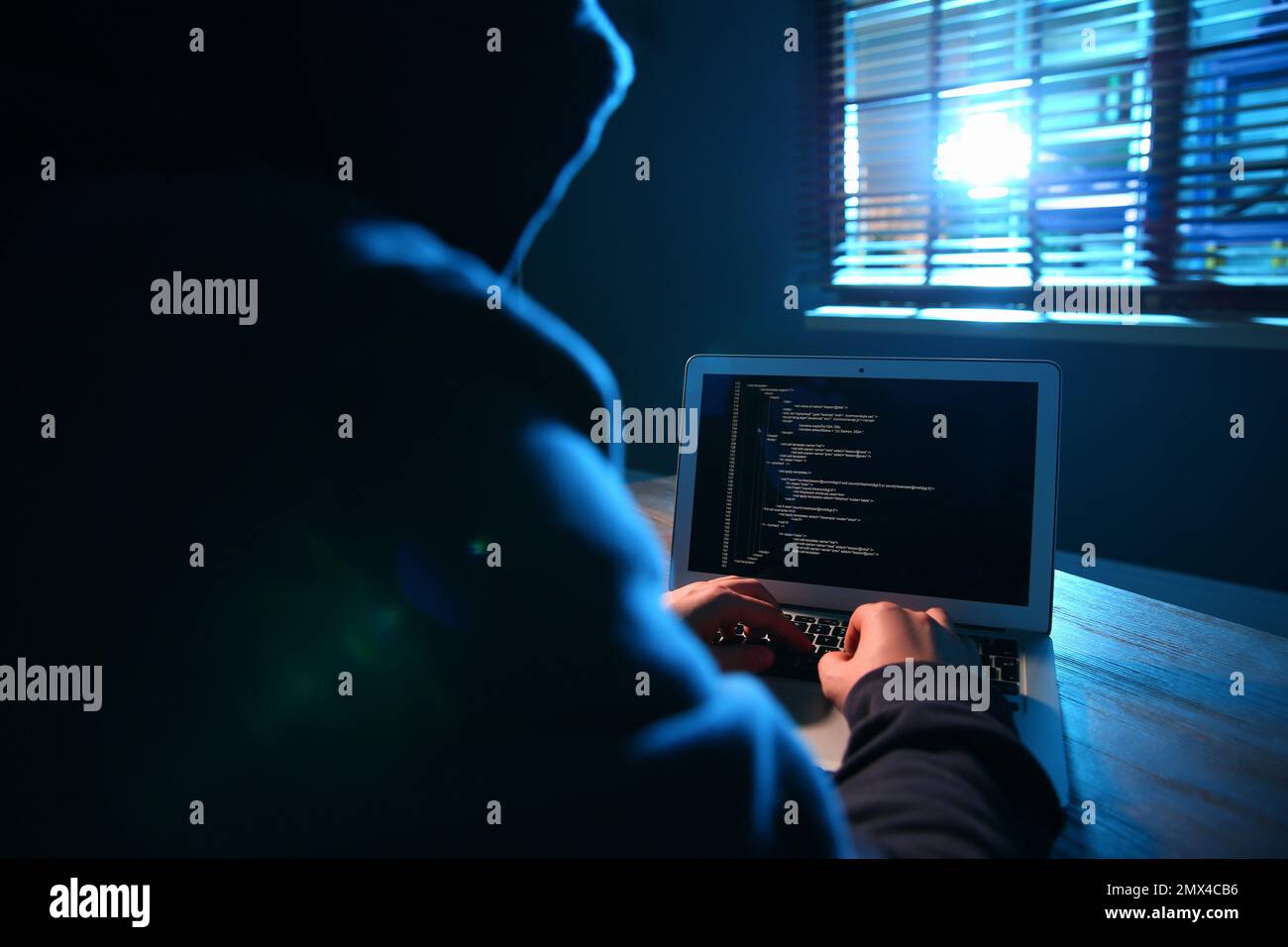 Hacker with laptop in dark room. Cyber crime Stock Photo - Alamy