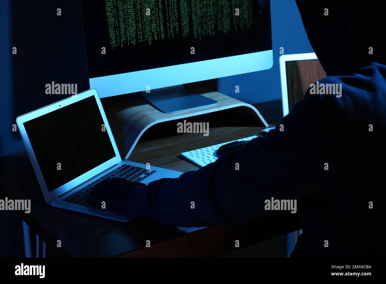 Hacker with computers in dark room, closeup. Cyber crime Stock Photo ...