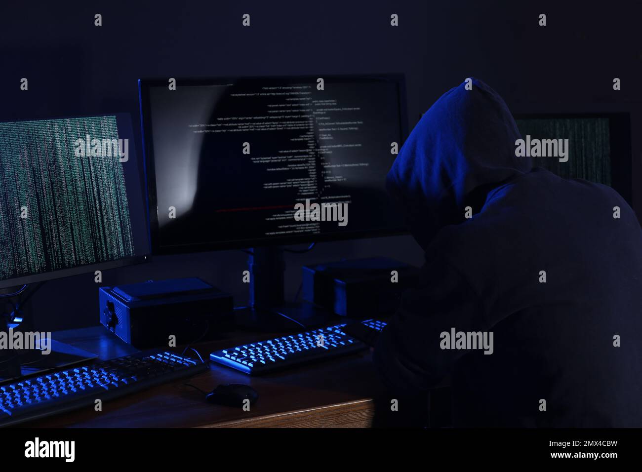 Hacker with computers in dark room. Cyber crime Stock Photo - Alamy