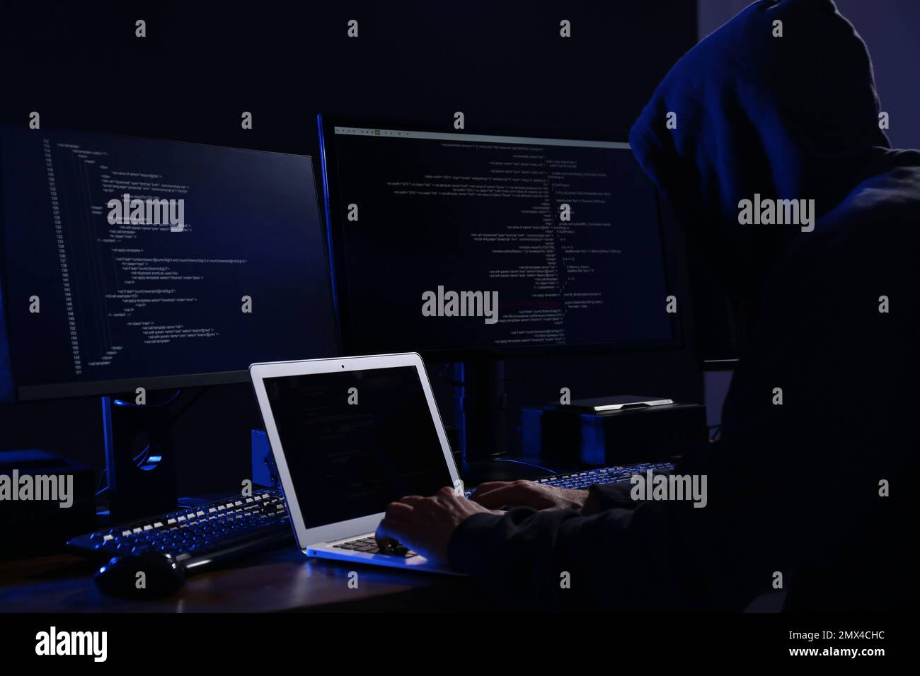 Hacker with computers in dark room. Cyber crime Stock Photo - Alamy