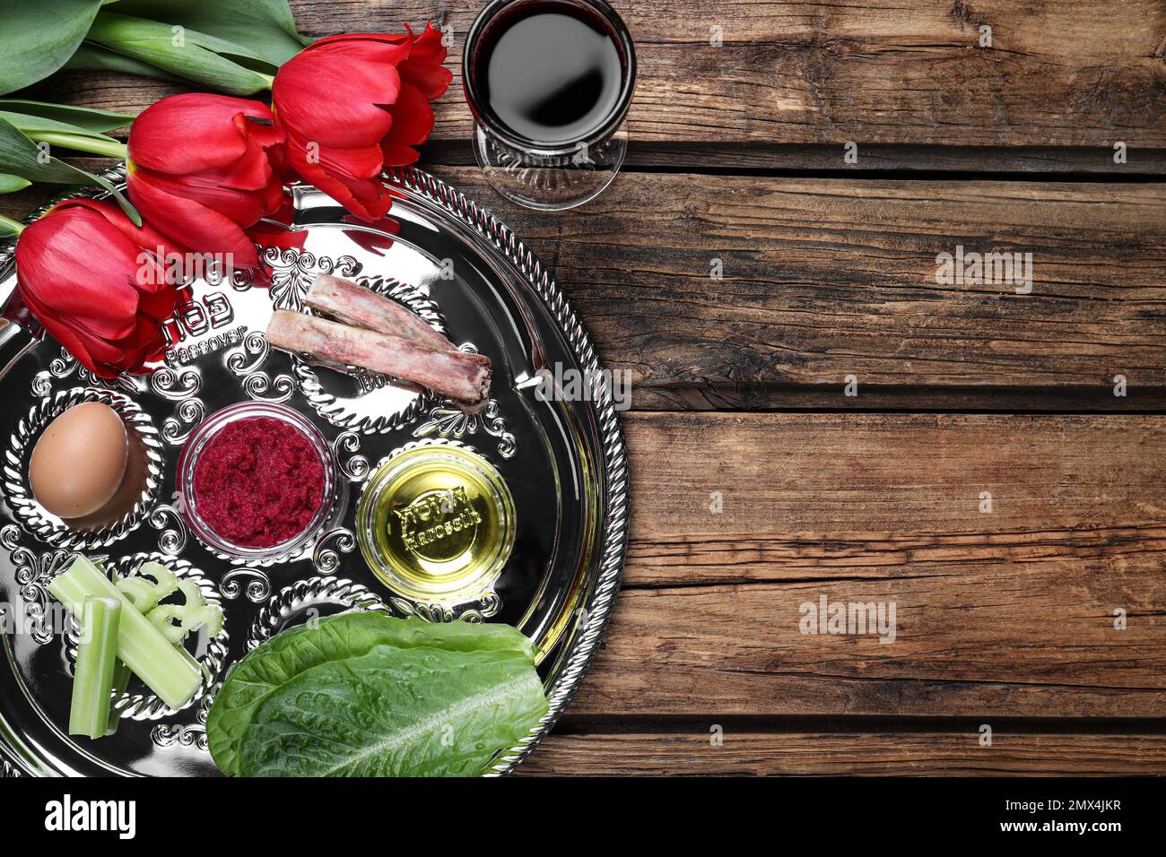 Flat lay composition with Passover Seder plate (keara) on wooden table ...