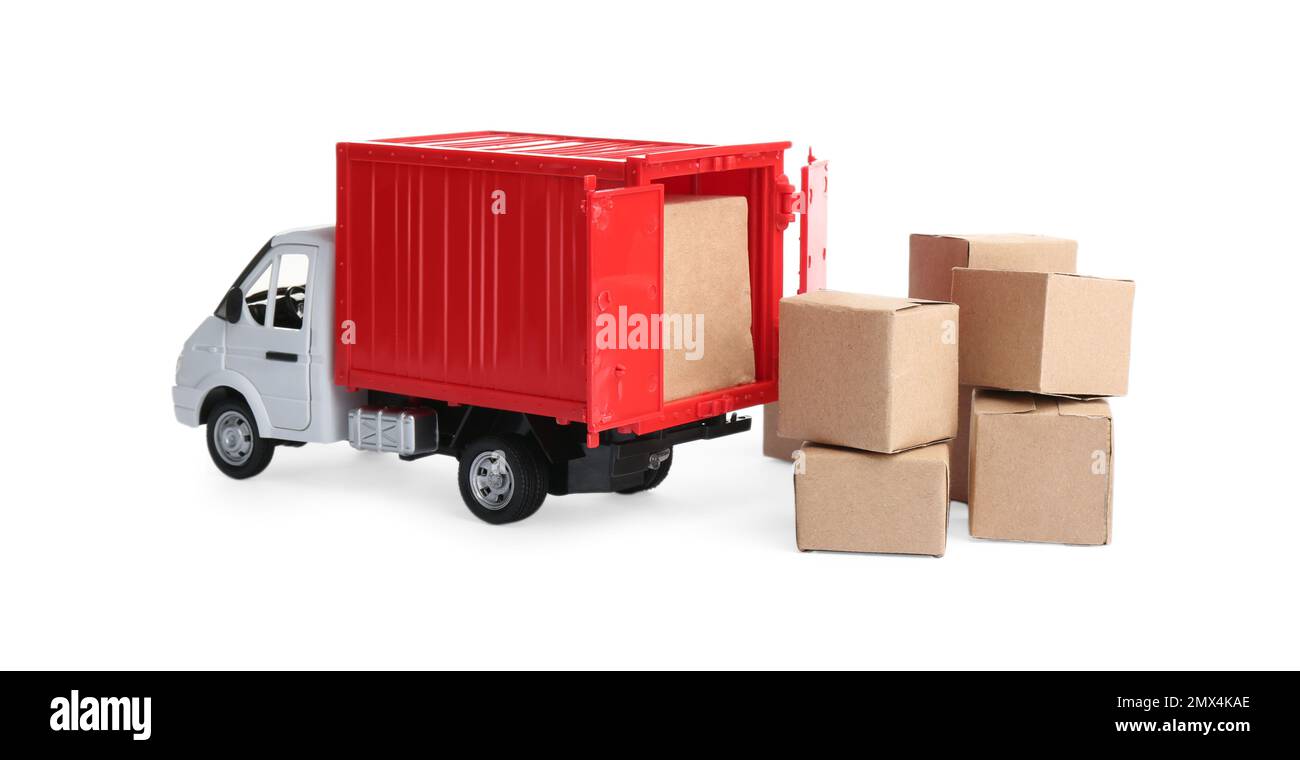 Truck model and carton boxes on white background. Courier service Stock ...