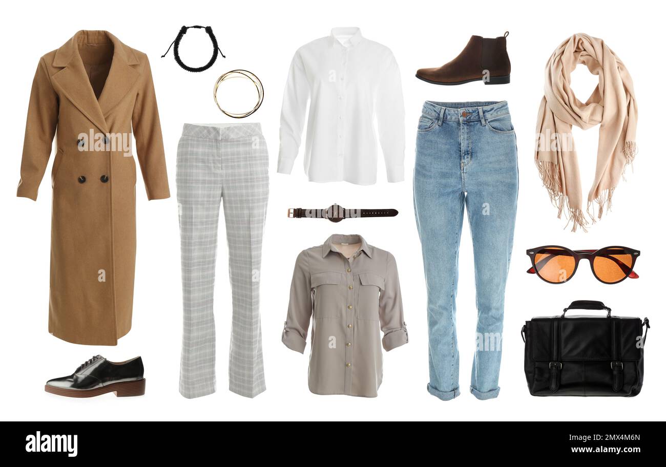 Collection of stylish outfit on white background Stock Photo - Alamy